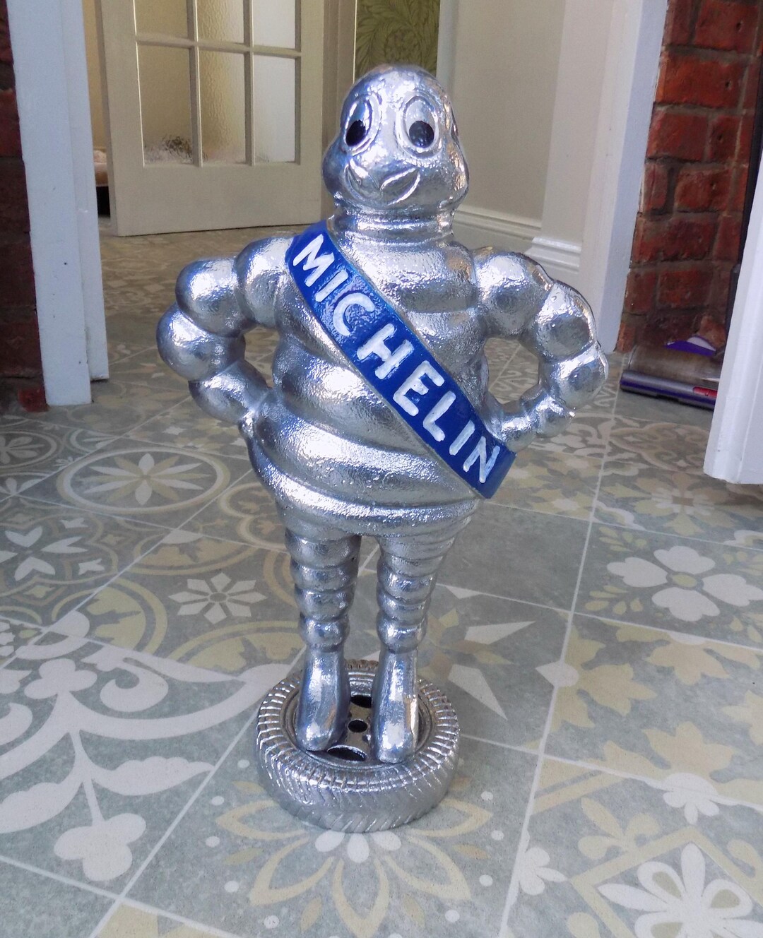 BIG MICHELIN MAN Stood on Tyre Polished Aluminium Ornament 15 Inches ...