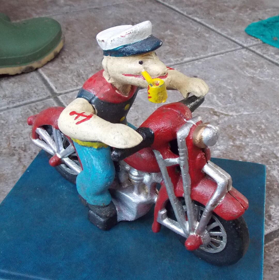 Hand Painted Cast Iron POPEYE the SAILOR MAN on Red Harley Patrol ...