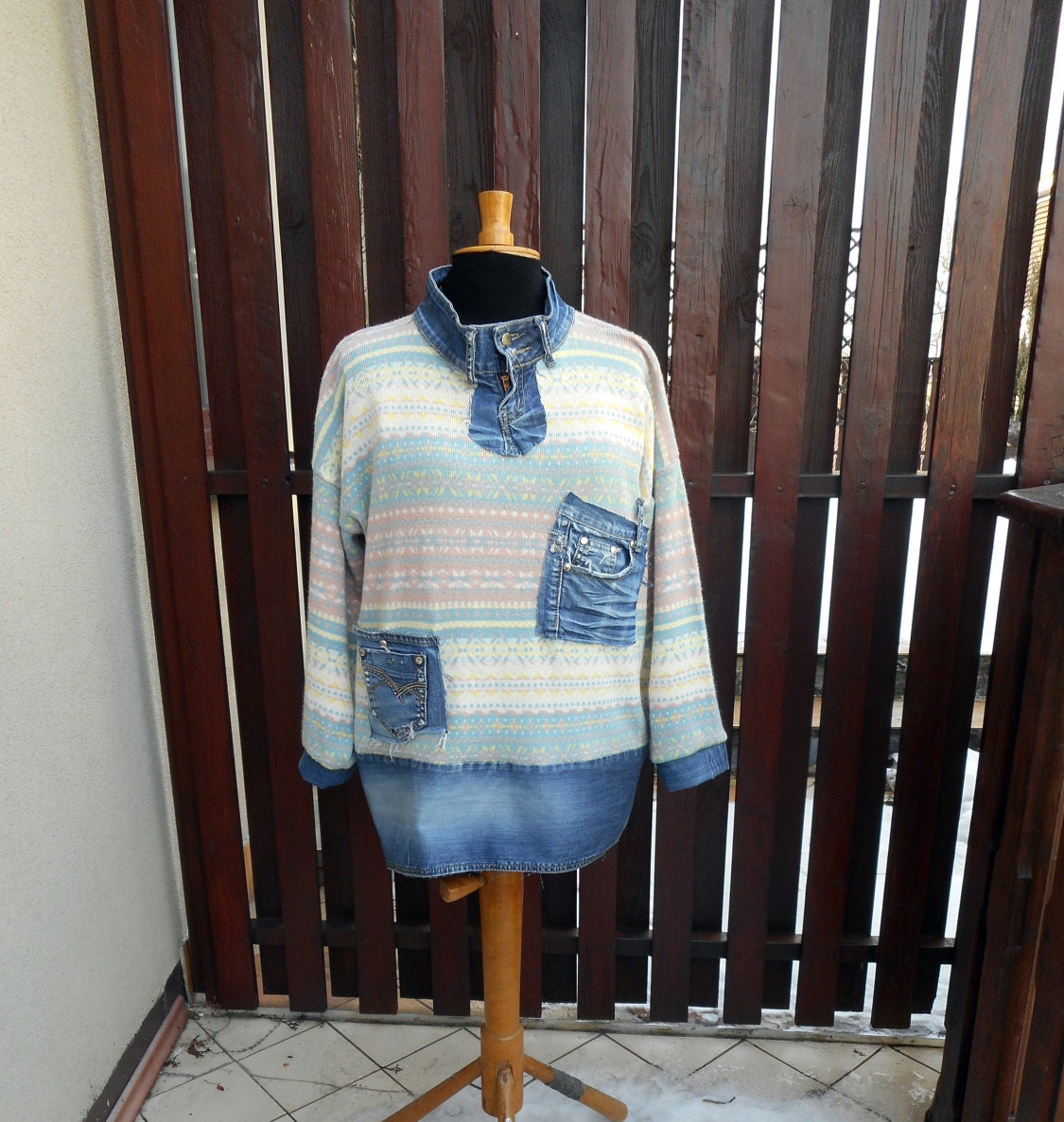 Rework Pastel Sweater, Tunic Denim Jeans, Appliqued Women's Upcycled ...