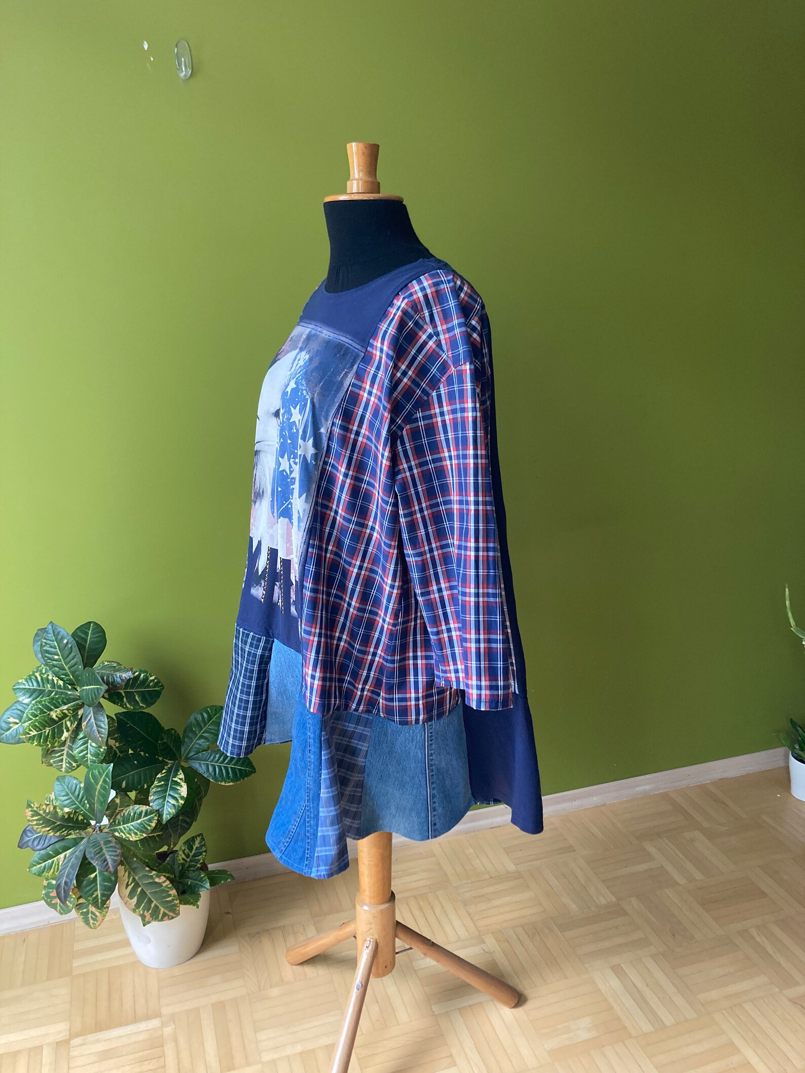 Eagle Fly High Upcycled Boho Oversized Patched Sweatshirt Tunic L-1X, Oversized Rustic Tunic ...