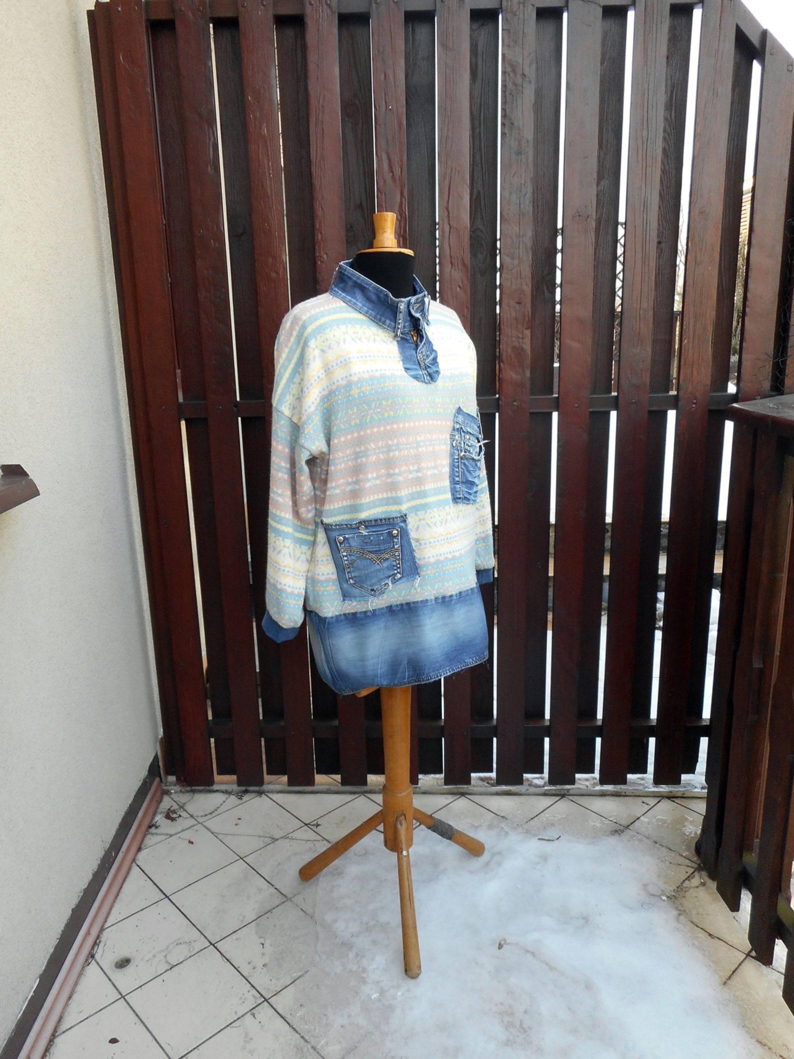 Rework Pastel Sweater, Tunic Denim Jeans, Appliqued Women's Upcycled ...