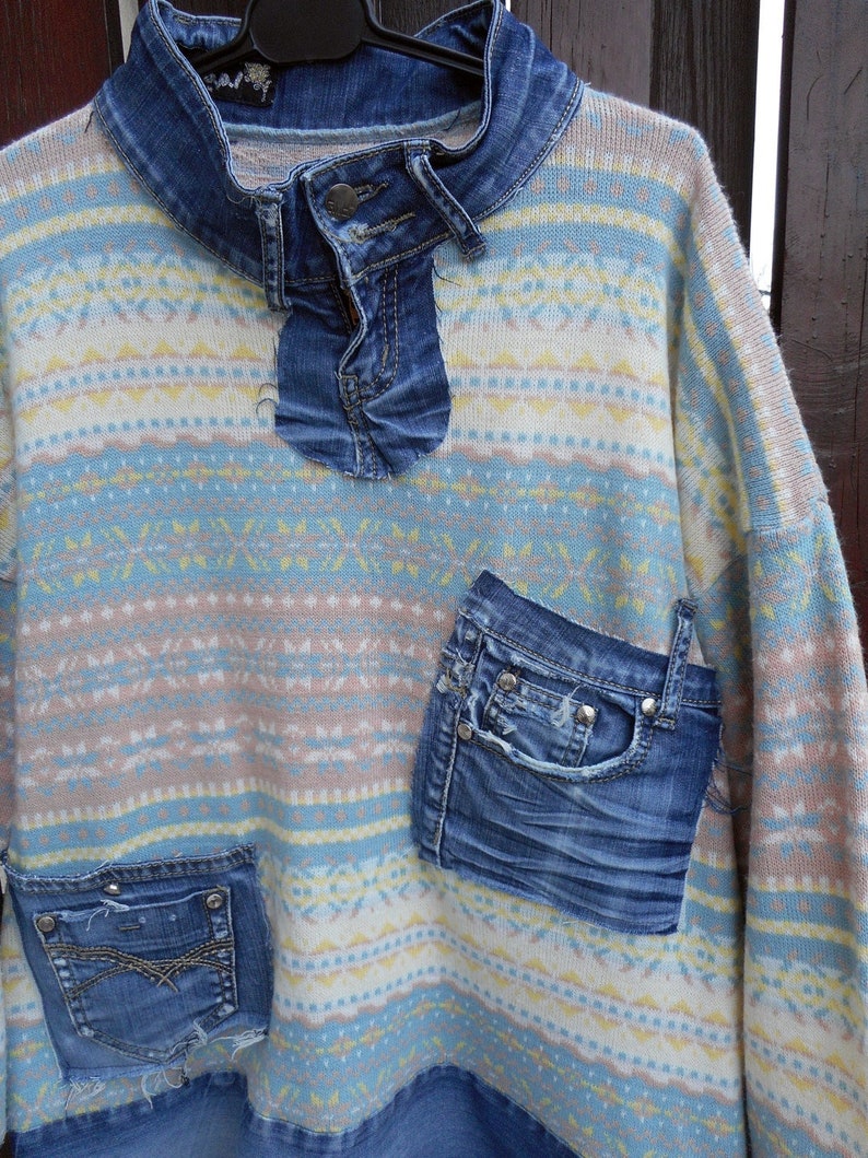 Rework Pastel Sweater, Tunic Denim Jeans, Appliqued Women's Upcycled ...