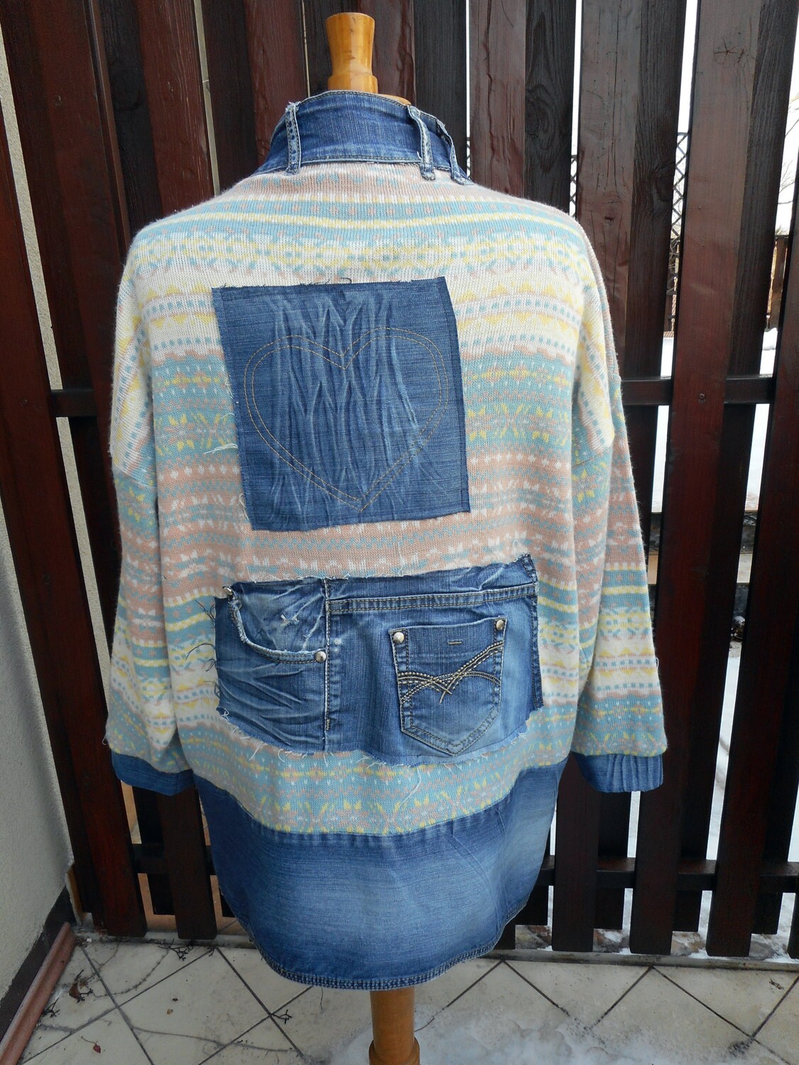 Rework Pastel Sweater, Tunic Denim Jeans, Appliqued Women's Upcycled ...