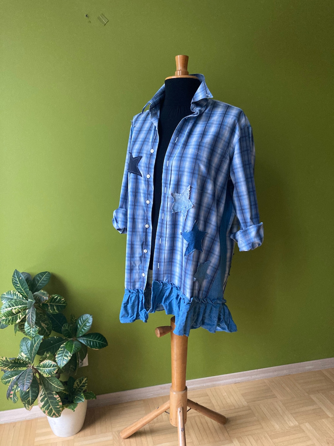 Shabby Chic Shirt for Women, Daily Wear Shirtwaist With Stars Applique ...