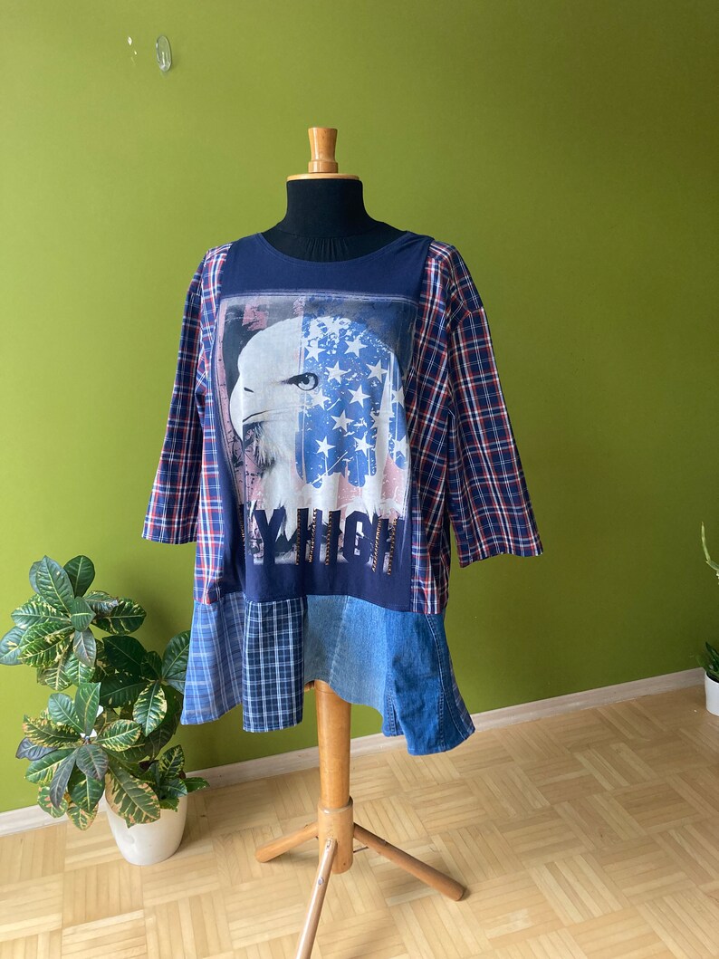 Eagle Fly High Upcycled Boho Oversized Patched Sweatshirt Tunic L-1X, Oversized Rustic Tunic ...