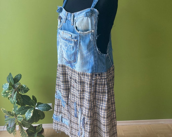 Jeans Overalls Dress, Upcycled Plus Size, Tattered Dress, Apron Dress ...