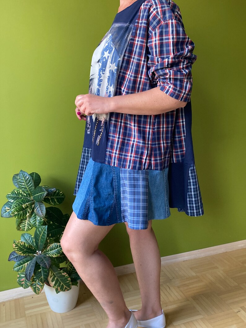 Eagle Fly High Upcycled Boho Oversized Patched Sweatshirt Tunic L-1X, Oversized Rustic Tunic ...