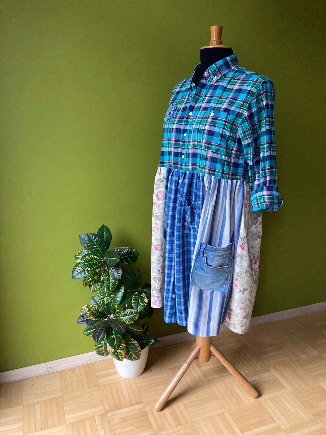 L Refasioned Upcycled Men's Shirt Shabby Chic Shirt Recycled Fabric ...