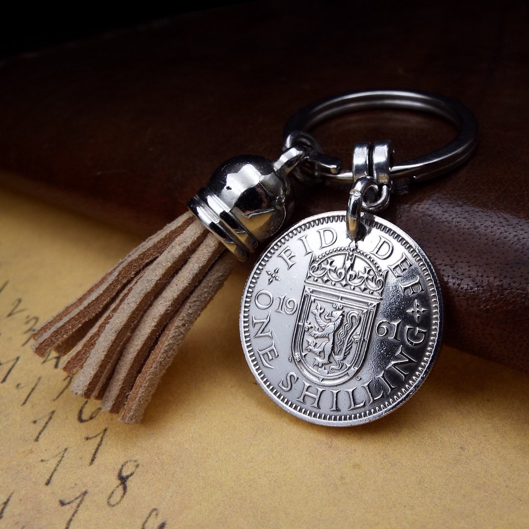 1961 Scottish Shilling Beige Tassel Coin Keyring, 64th Birthday Gift ...