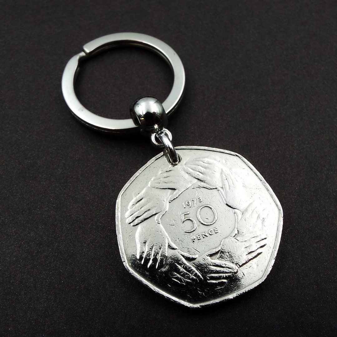 WELL WORN 1973 50p British Coin Keyring Hands Aged Used 52nd Birthday ...