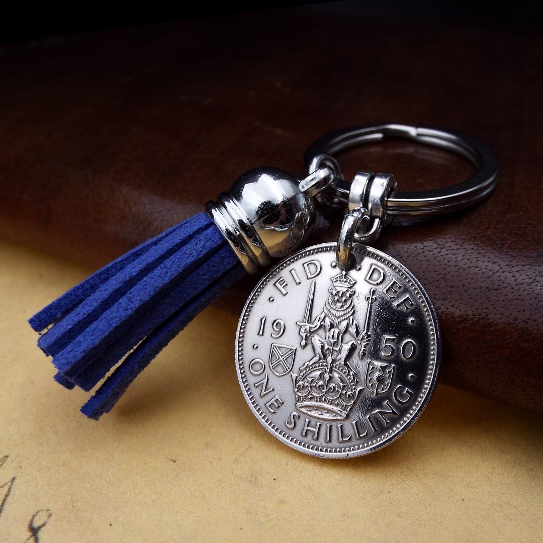1950 Scottish Shilling Blue Tassel Coin Keyring, 74th Birthday Gift ...