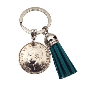 1950 Scottish Shilling Teal Tassel Coin Keyring, 75th Birthday Gift ...