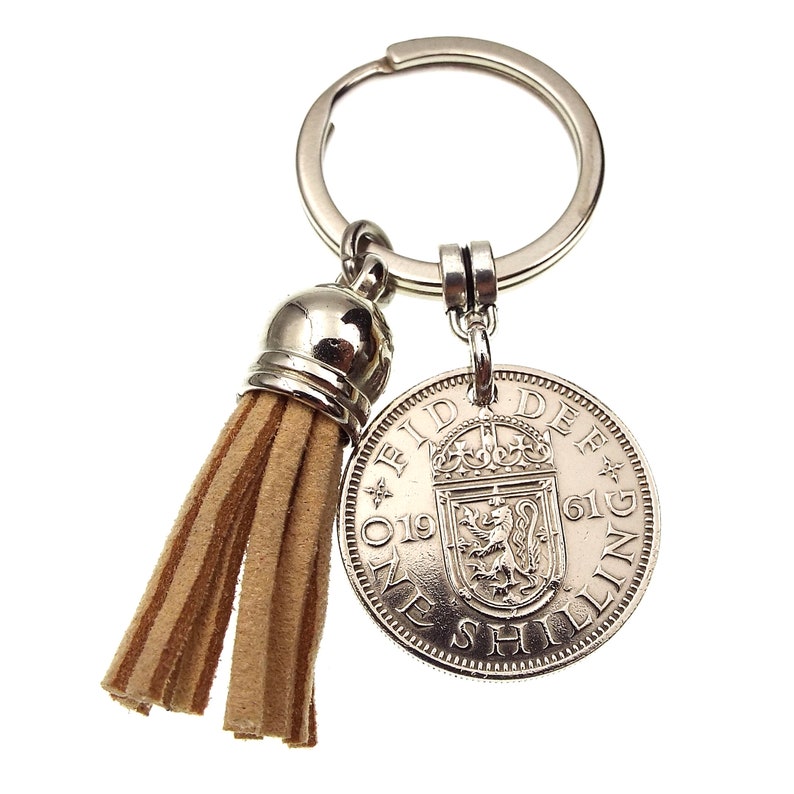 1961 Scottish Shilling Beige Tassel Coin Keyring, 64th Birthday Gift ...