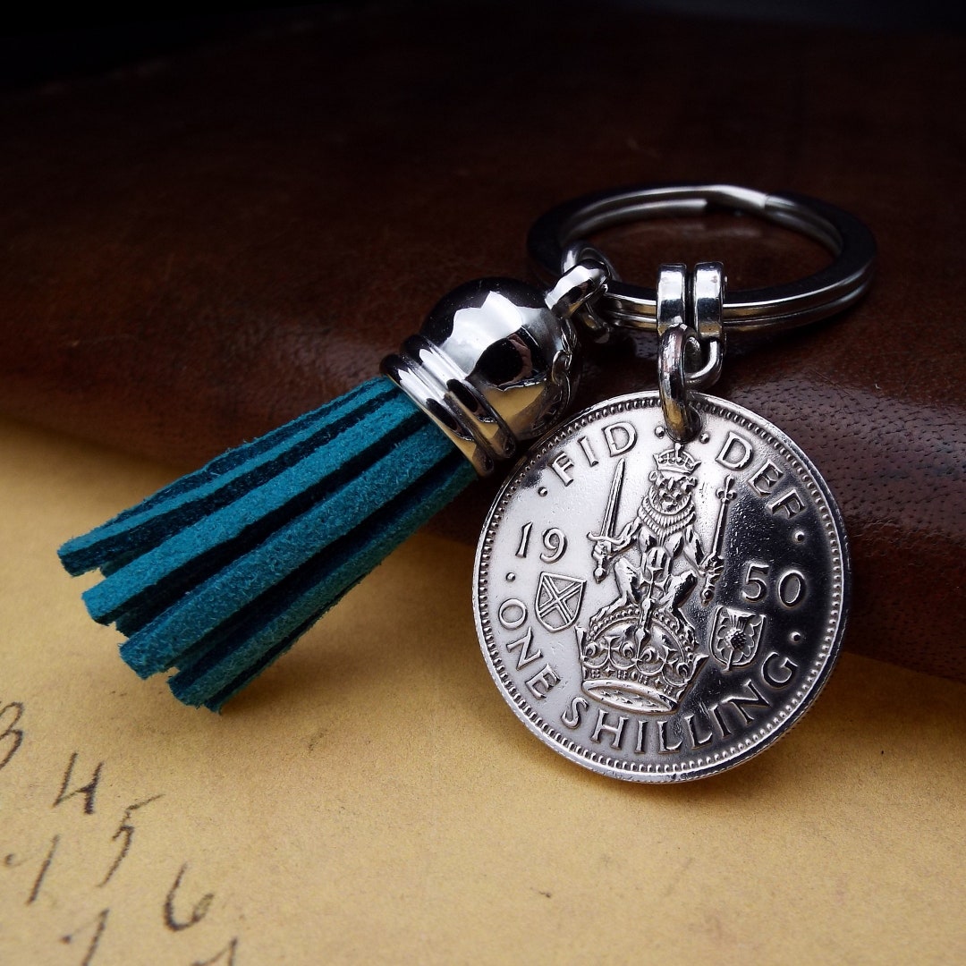 1950 Scottish Shilling Teal Tassel Coin Keyring, 75th Birthday Gift ...