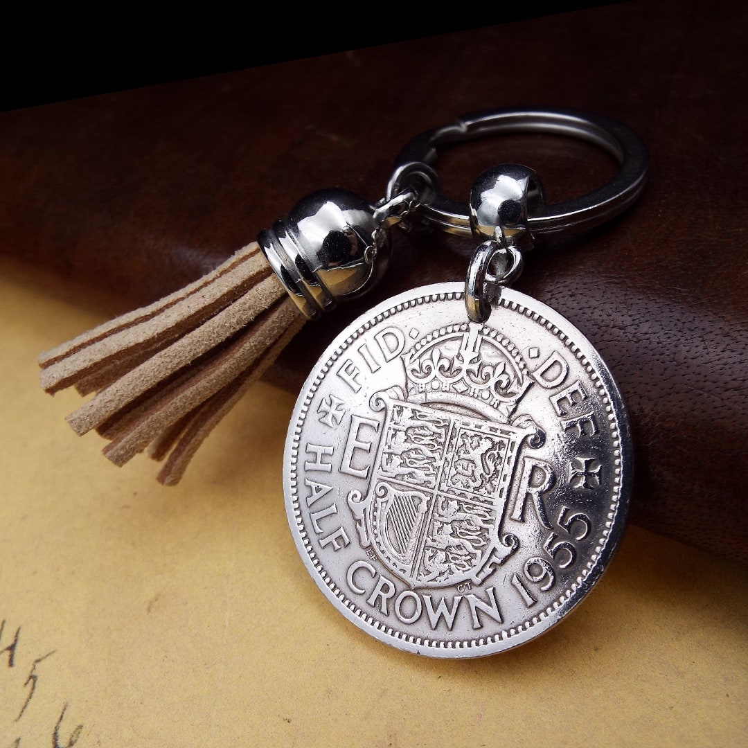 70th Birthday Gift 1955 UK Half Crown Coin Beige Tassel Keyring ...