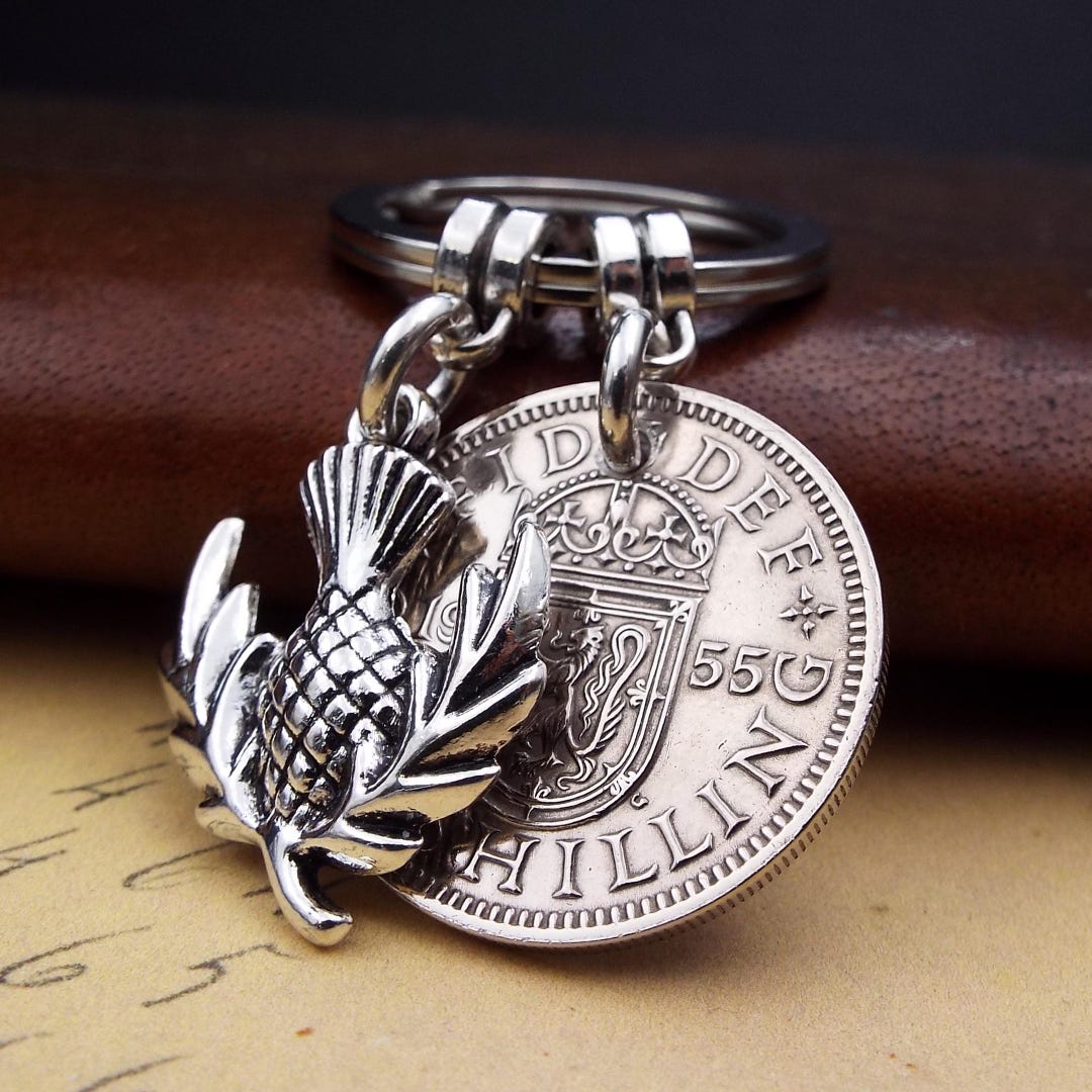 1955 SCOTTISH Shilling Coin Thistle Charm Keyring 71st Birthday ...