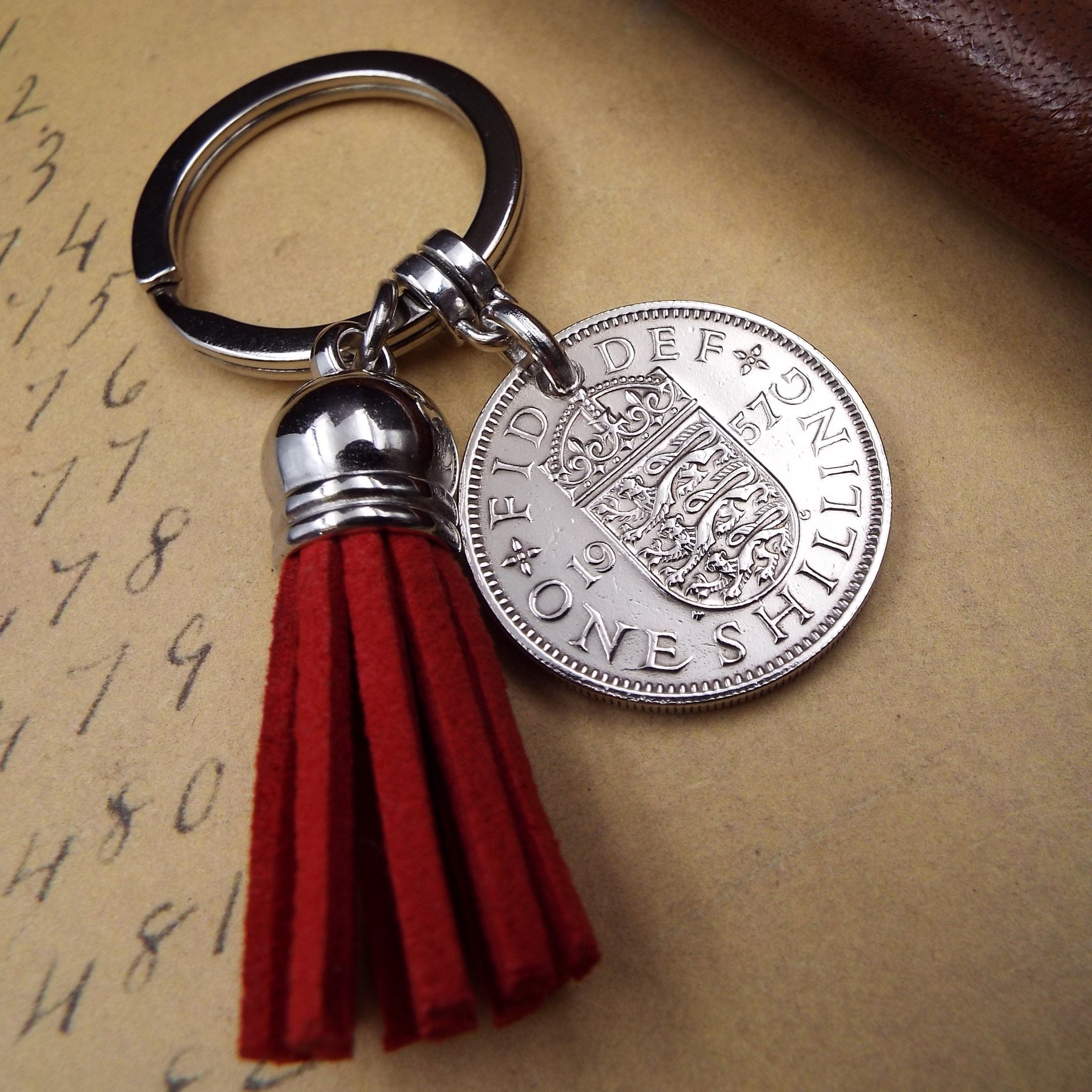 1957 English Shilling Red Tassel Coin Keyring 68th Birthday Gift Birth ...