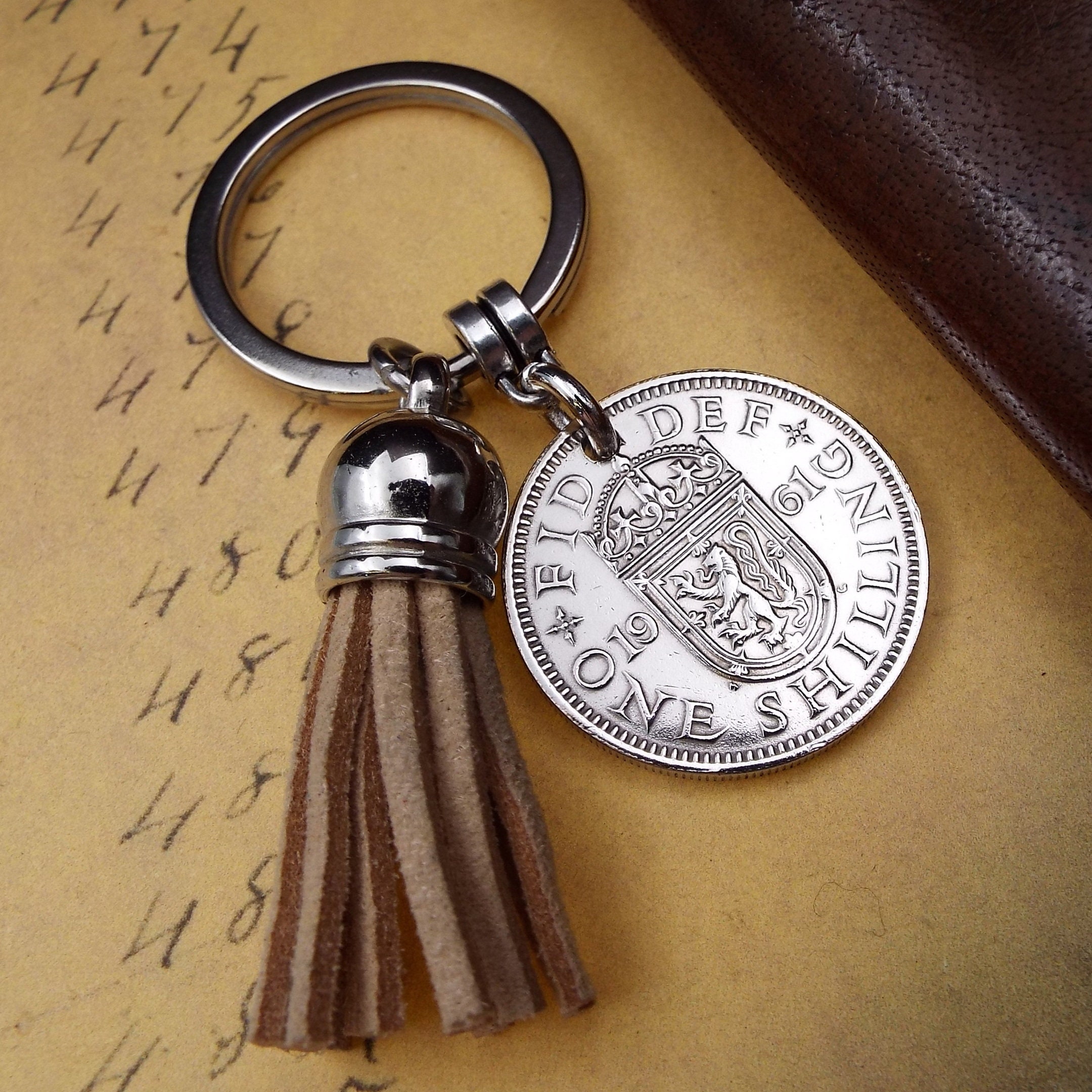 1961 Scottish Shilling Beige Tassel Coin Keyring, 64th Birthday Gift ...