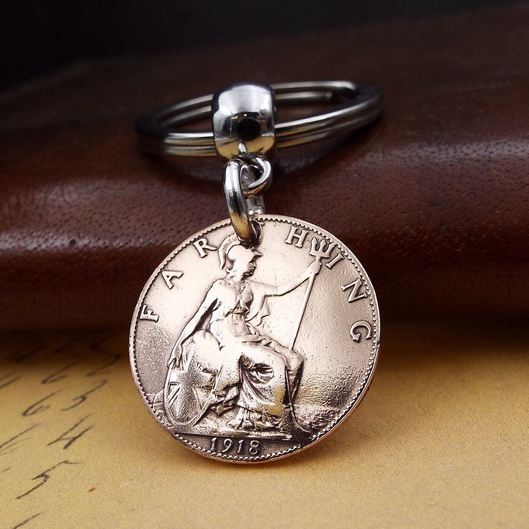 1918 George V British Bronze Farthing Old Vintage Keyring Birthday Gift ...