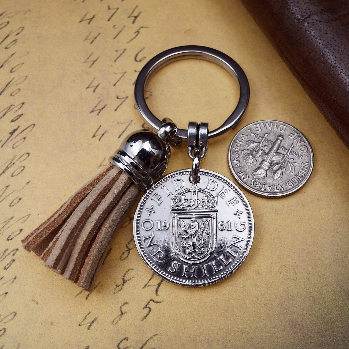 1961 Scottish Shilling Beige Tassel Coin Keyring, 64th Birthday Gift ...
