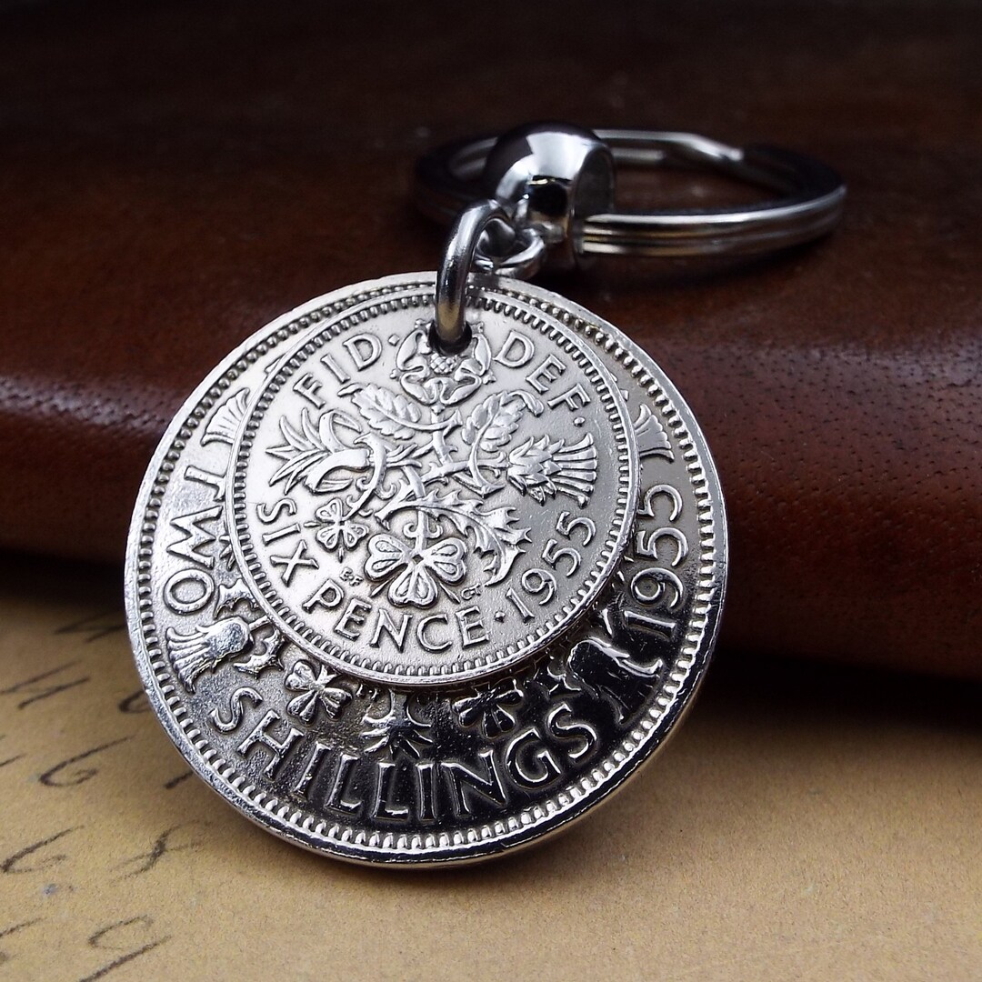 1955 'two and Six' Double Coins Keychain 70th Birthday Gift 2 Shillings ...