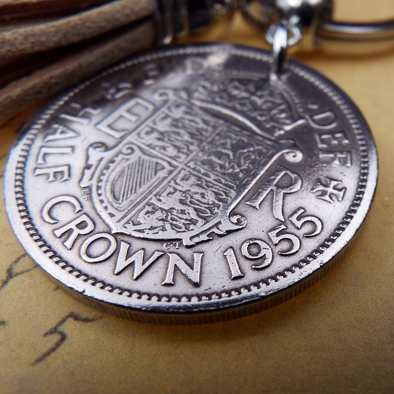 71st Birthday Gift 1955 UK Half Crown Coin Beige Tassel Keyring ...