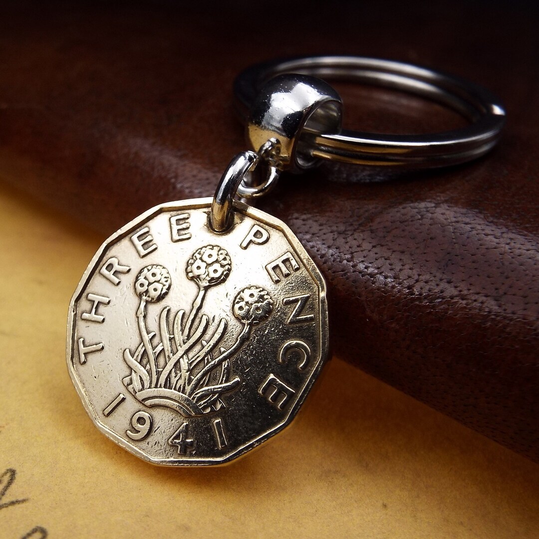 1941 British Brass Threepence Coin Keyring 85th Birthday Gift for Him ...