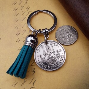 1950 Scottish Shilling Teal Tassel Coin Keyring, 75th Birthday Gift ...