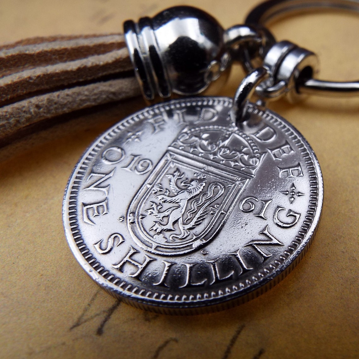 1961 Scottish Shilling Beige Tassel Coin Keyring, 64th Birthday Gift ...