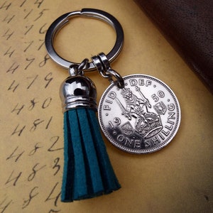 1950 Scottish Shilling Teal Tassel Coin Keyring, 75th Birthday Gift ...