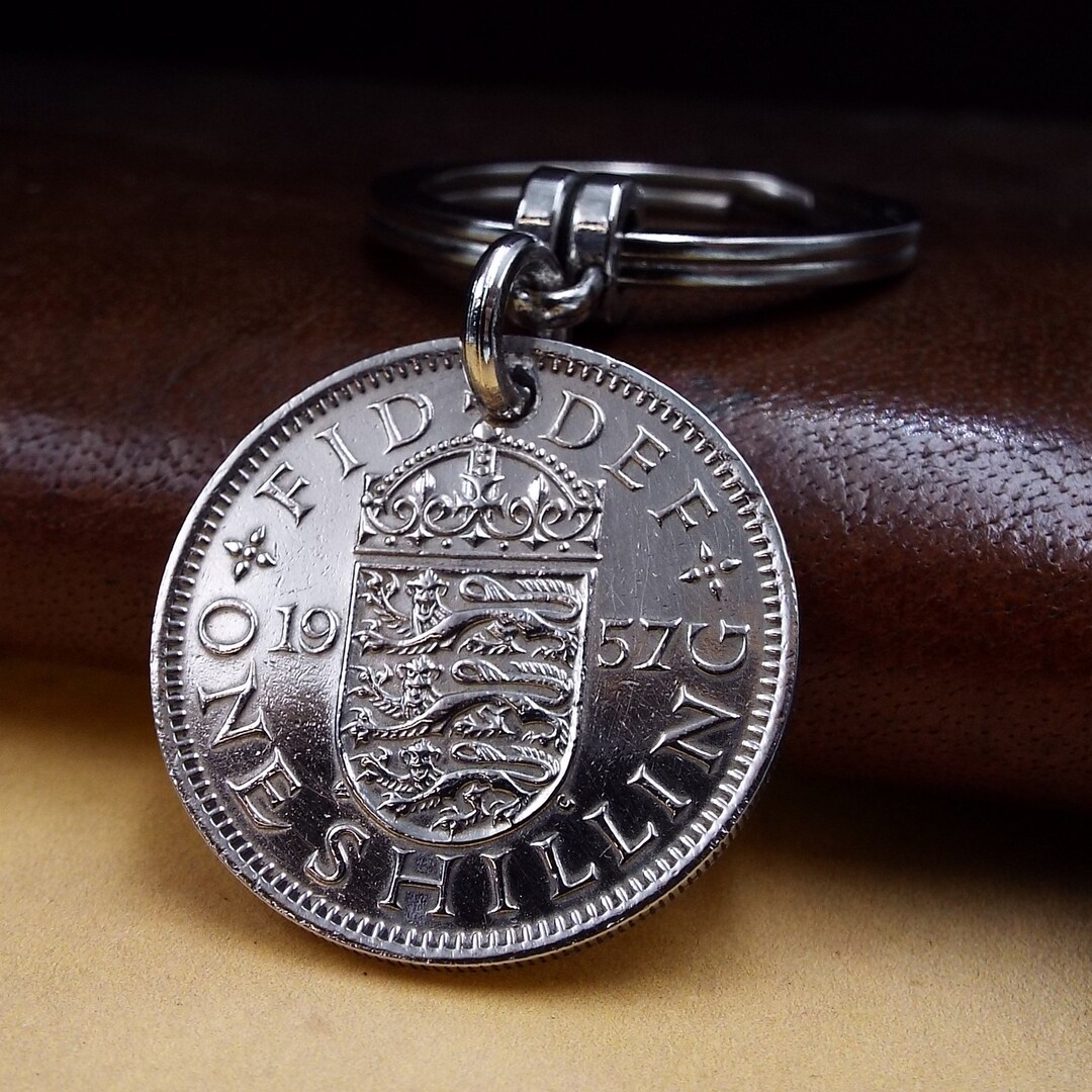 1957 ENGLISH Shilling Coin Keyring 67th Birthday Gift Men Women British ...
