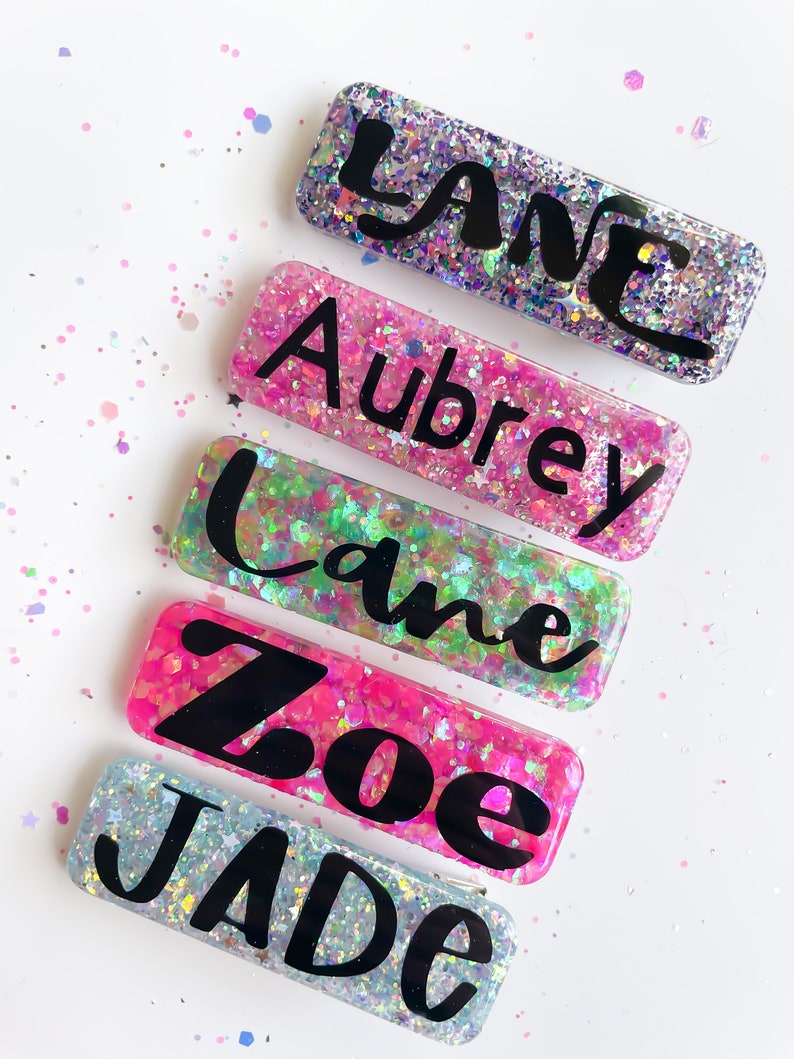 GLITTER NAME Resin Hair Clip -- Single Clip Multiple Fonts and Glitters ...