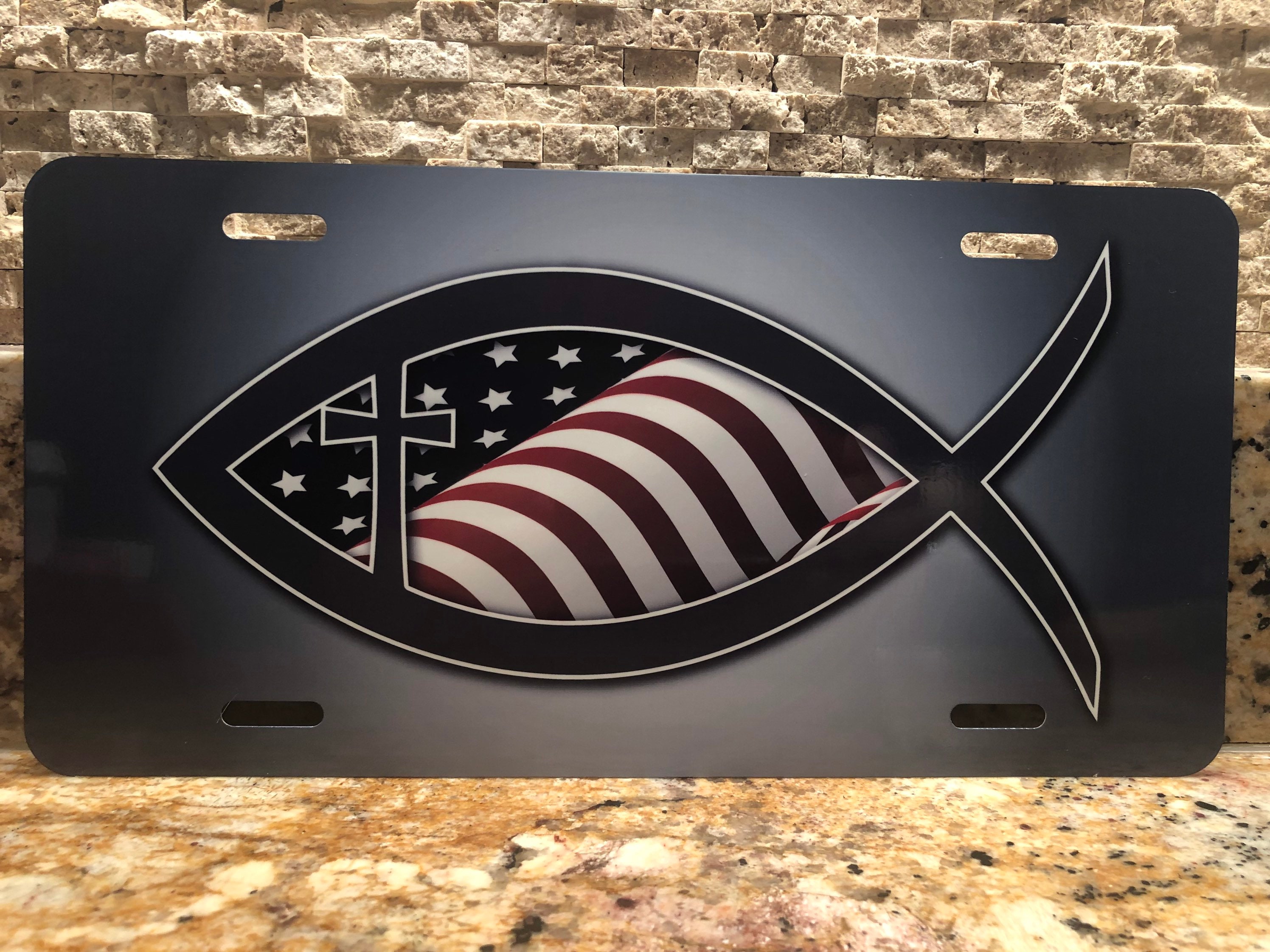 Jesus Fish Vanity Aluminum License Plate With American Flag. - Etsy