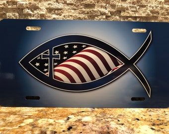 Jesus Fish Vanity Aluminum License Plate With American Flag. | Etsy