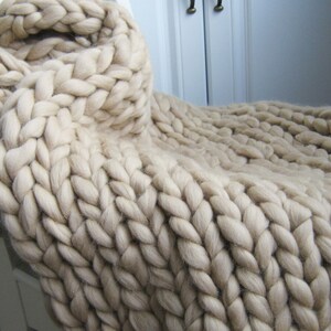 Light Beige Knit Blanket, Merino Wool Blanket, Hand Knit Throw Blanket ...