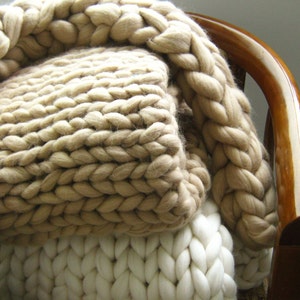 Light Beige Knit Blanket, Merino Wool Blanket, Hand Knit Throw Blanket ...