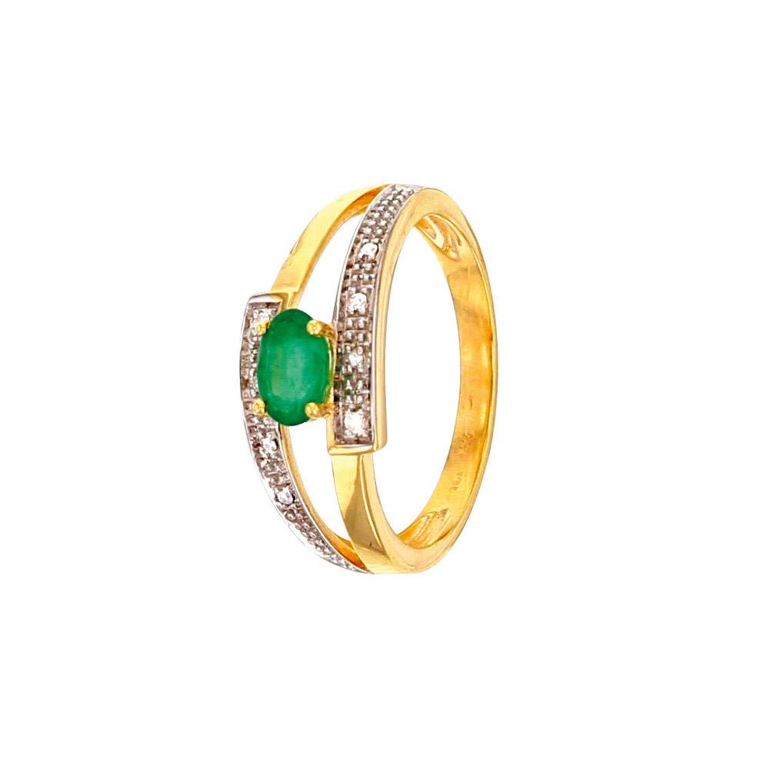 Ring in Gold 375/1000 9 Carat Emerald Oval 6x4mm 4 Diamonds HP1 0.03 Ct ...