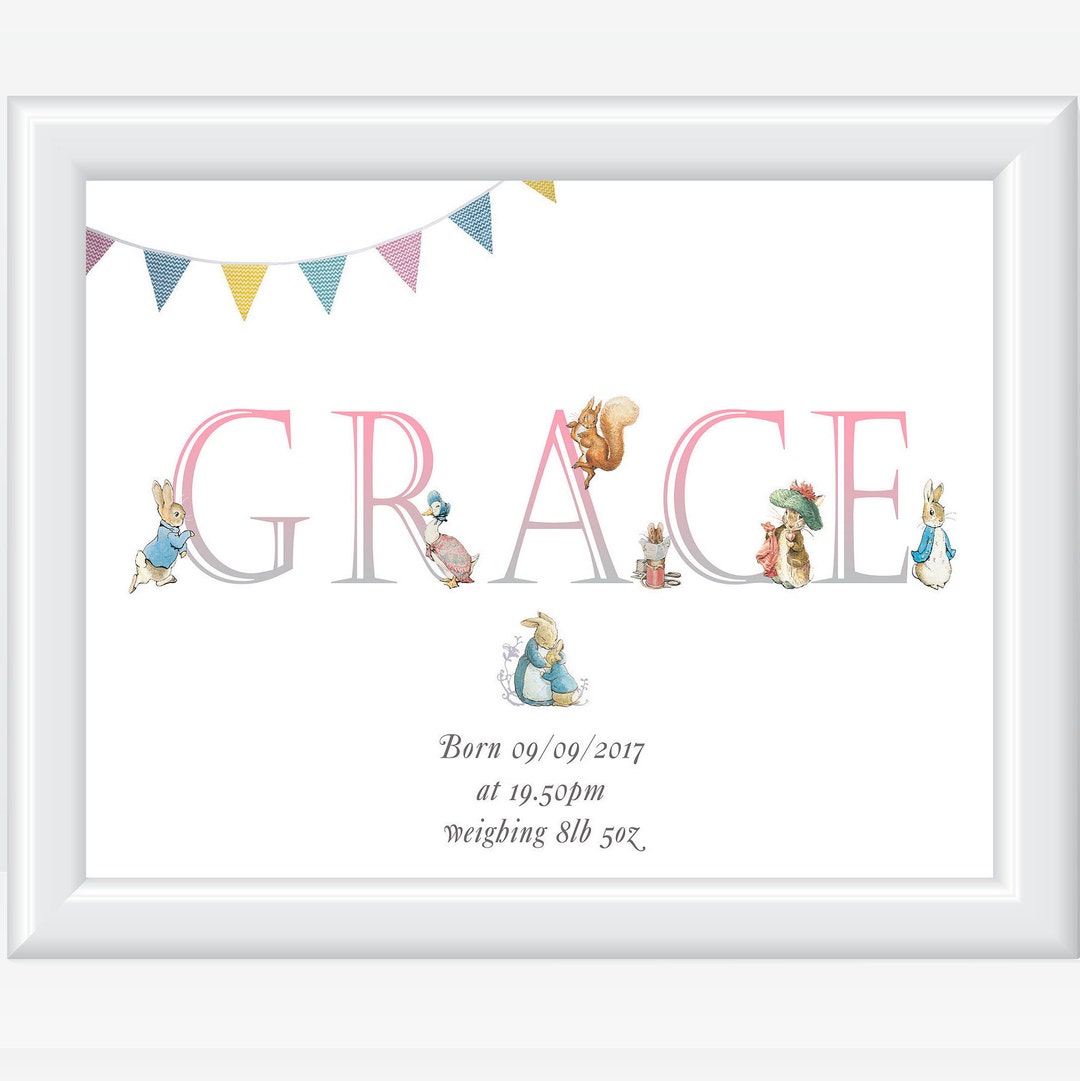 Personalised Peter Rabbit Baby Girl Boy Name Christening Birth Nursery ...