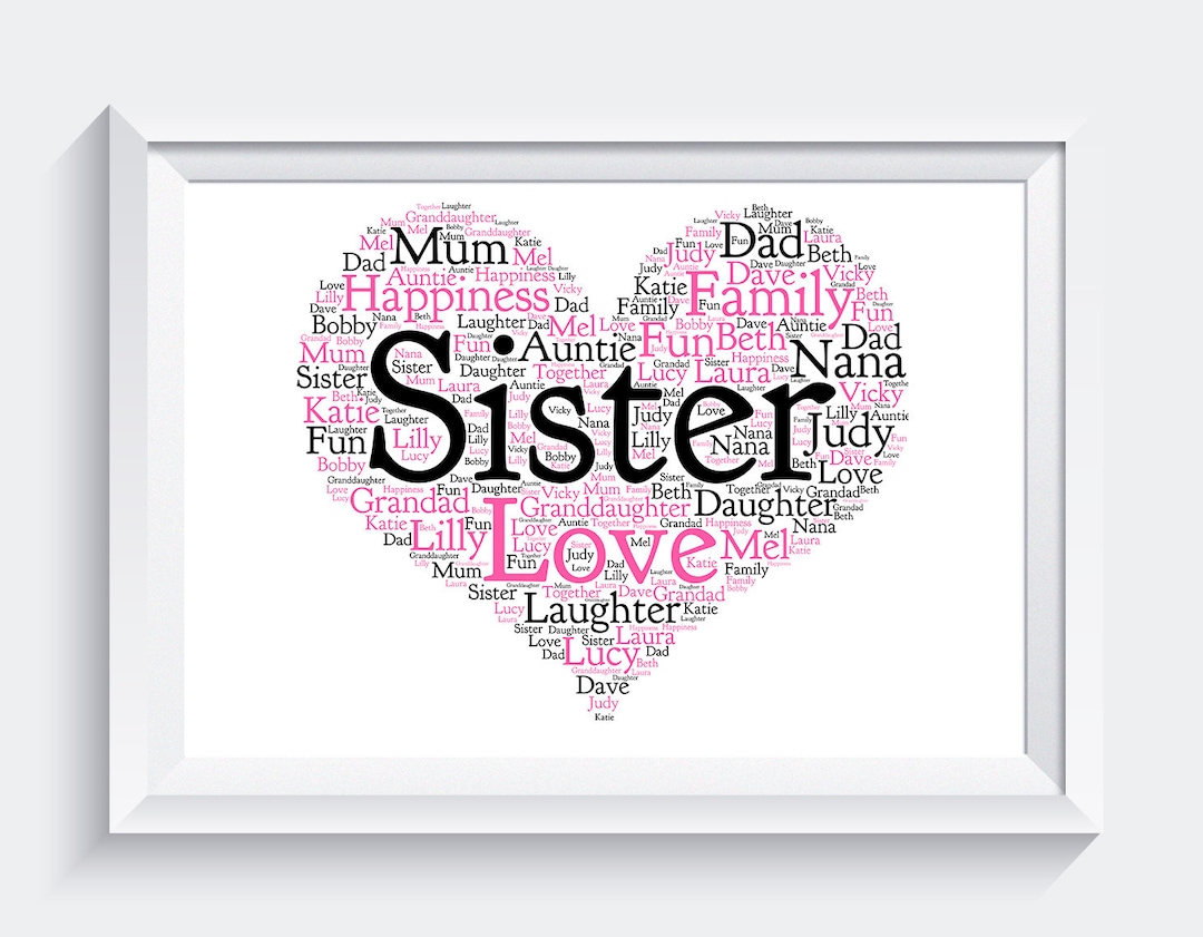 Personalised Heart Word Art Mum Sister Auntie Friend Family A4 Print ...