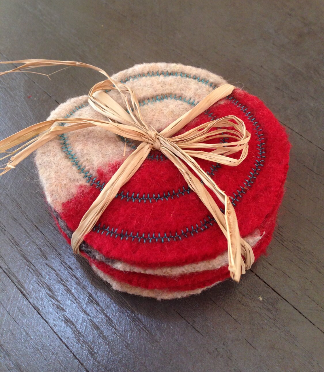 Eco, Felted Wool Coasters, Red and Beige W/blue Stitching, Modern ...