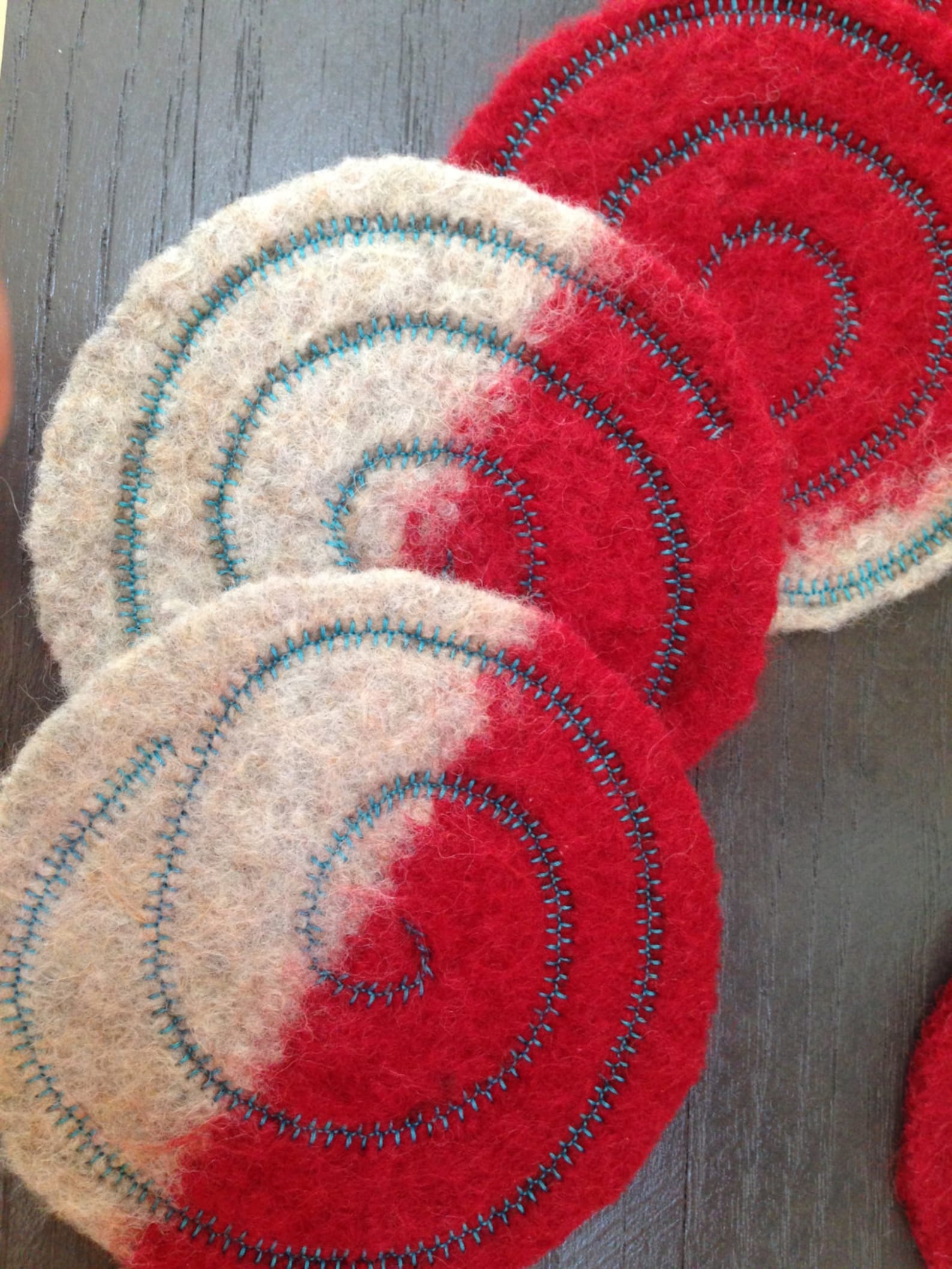 Eco, Felted Wool Coasters, Red and Beige W/blue Stitching, Modern ...