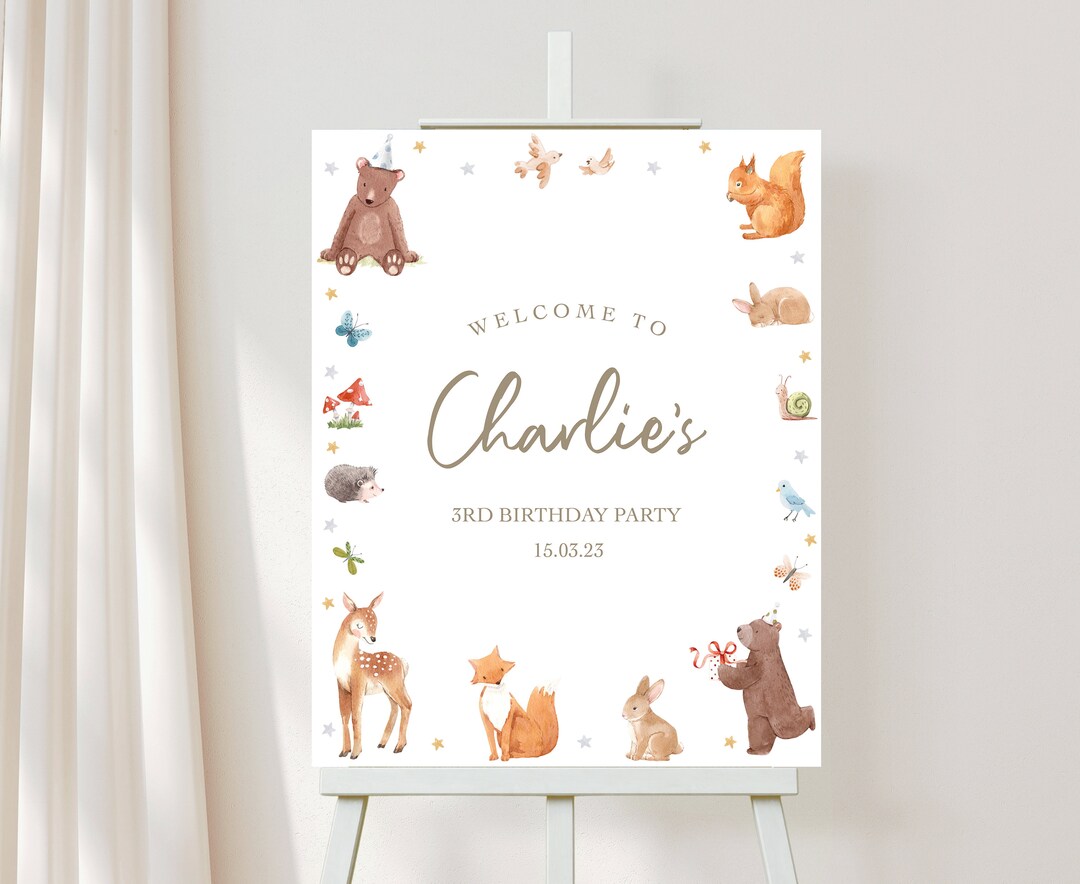 Editable Woodland Animal Birthday Welcome Sign Woodland Party - Etsy