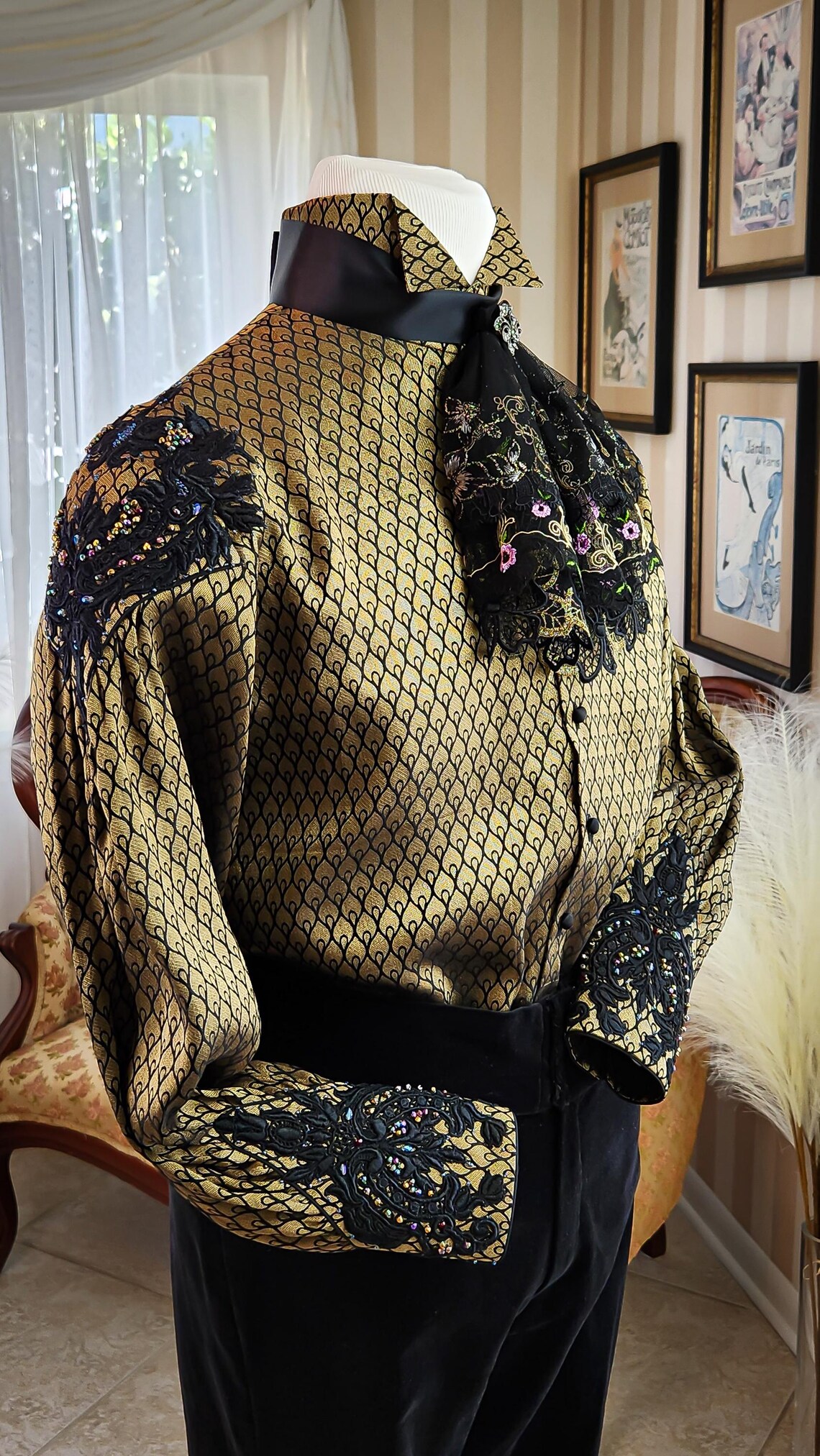 Black Gold Lace Jabot, 18th Century Men's Fashion, Rococo Men's Costume ...