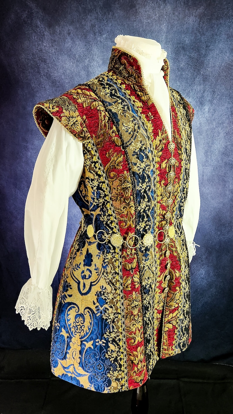 Red Blue Gold Tudor Renaissance Men's Waistcoat, 17th Century Costume ...