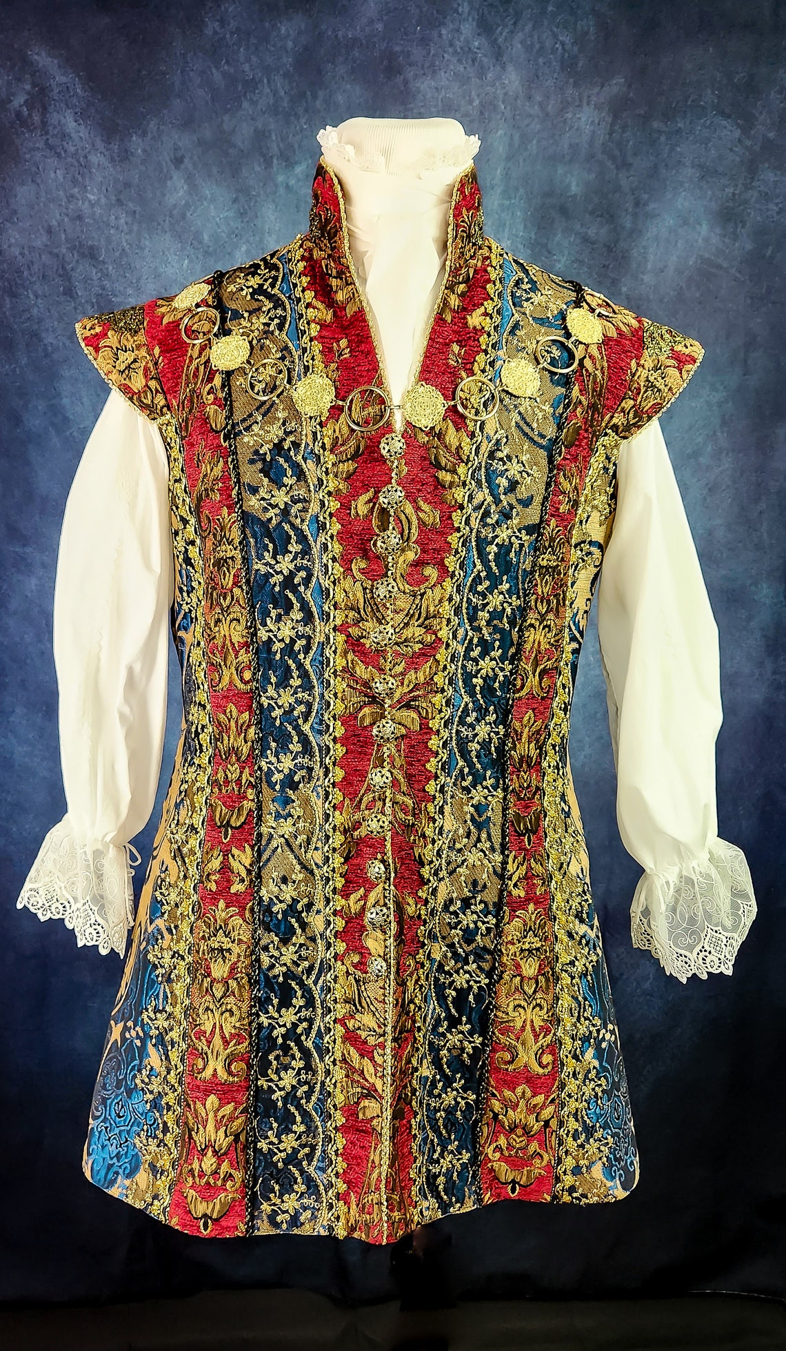 Red Blue Gold Tudor Renaissance Men's Waistcoat, 17th Century Costume ...