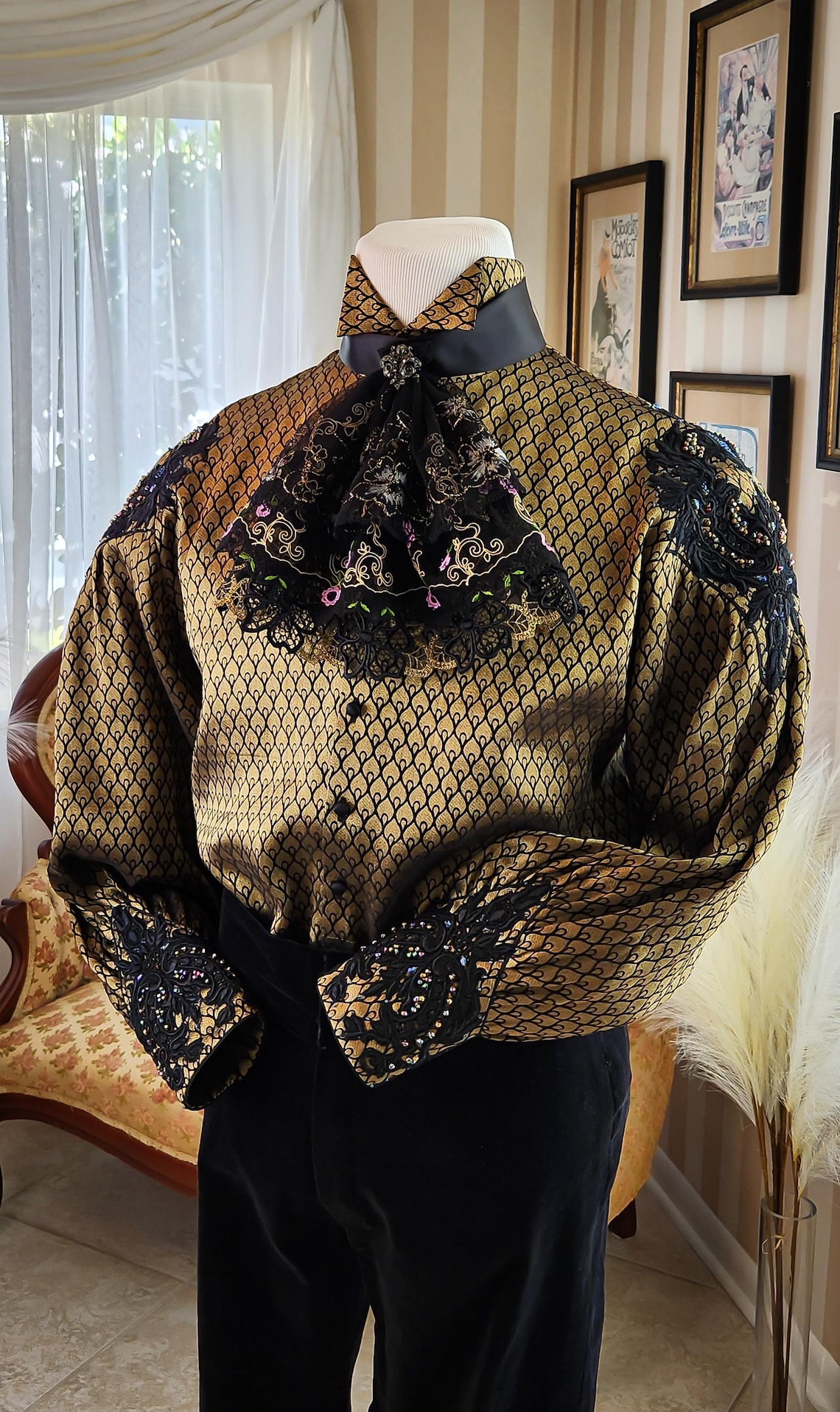 Black Gold Lace Jabot, 18th Century Men's Fashion, Rococo Men's Costume ...