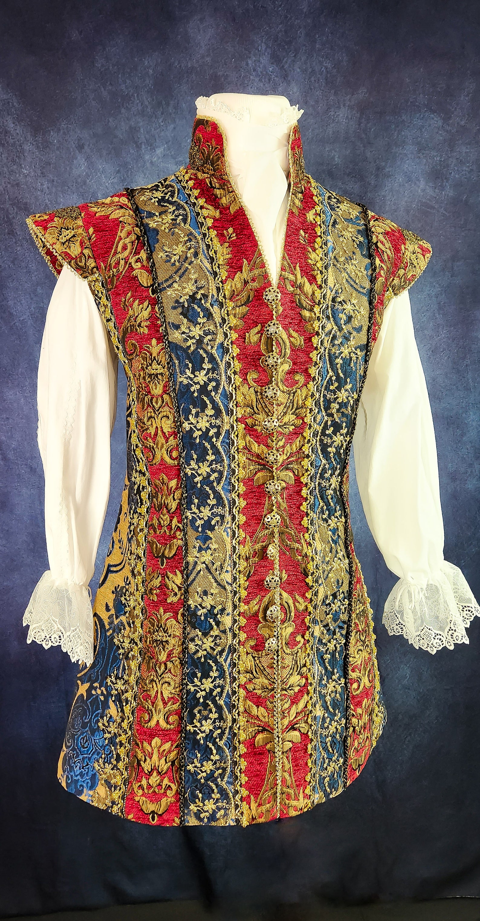 Red Blue Gold Tudor Renaissance Men's Waistcoat, 17th Century Costume ...