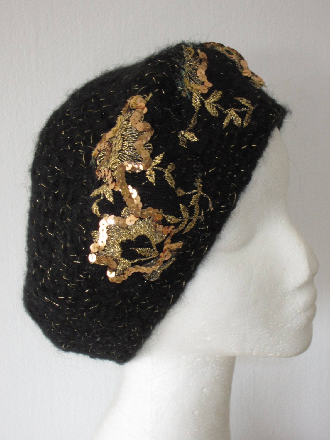 Beret Gold Sequin Embellished Mohair Wool, Fancy Knit Hat,one of a Kind ...