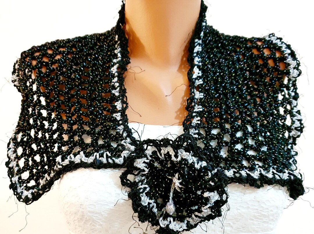 Holiday Top Chic Shawl Black Sparkly/silver Rose Closure Adornment Soft ...