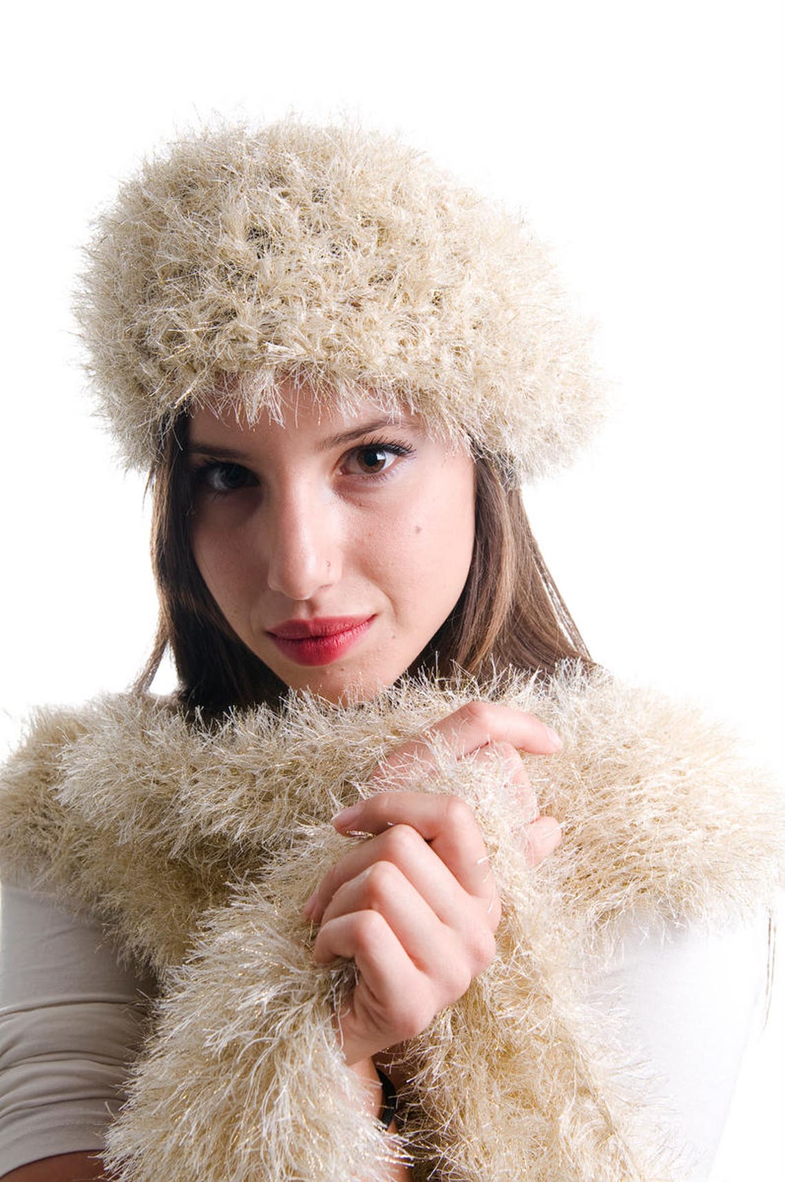 Golden Tipped Bone Furry Beret Knit Hat,one of a Kind, Holidays ...
